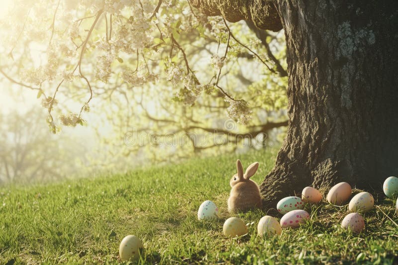 Easter Bunny with Decorated Eggs Under Tree in Sunny Meadow. Stock ...