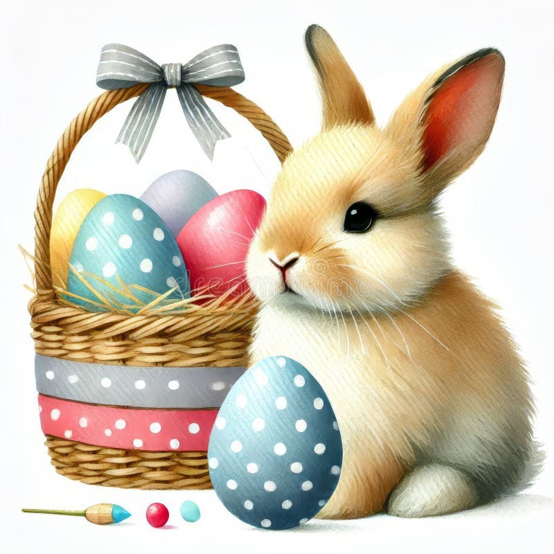 Easter Bunny with Decorated Eggs in a Wicker Basket and Painting Tools ...