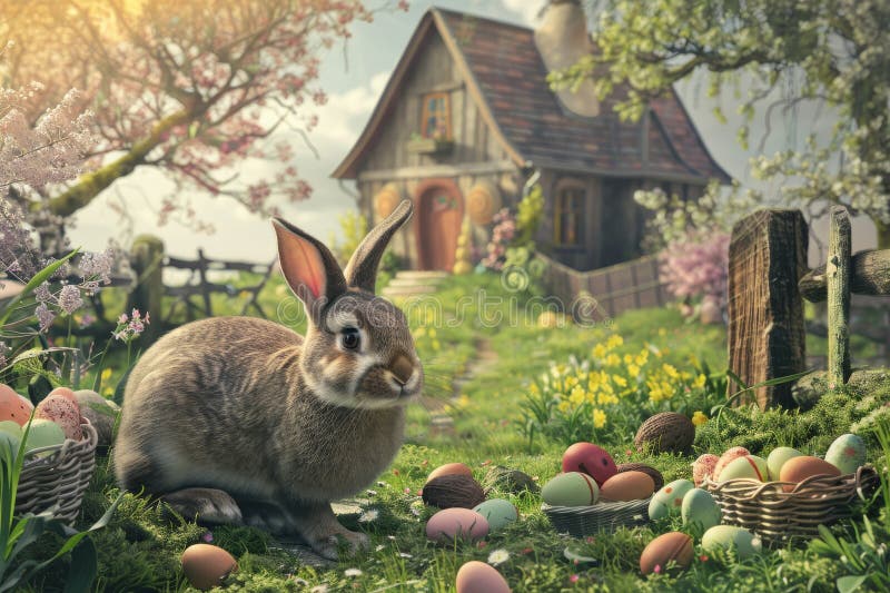 Easter Bunny Delivering Eggs in a Charming Countryside Setting Stock ...