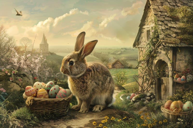 Easter Bunny Delivering Eggs in a Charming Countryside Setting Stock ...