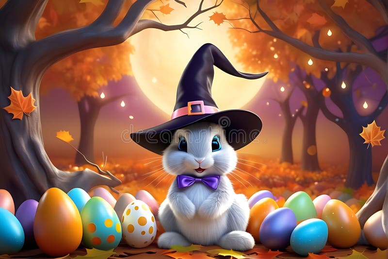 Easter Bunny Donning a Witch S Hat while Holding a Candy Cane: Backdrop ...