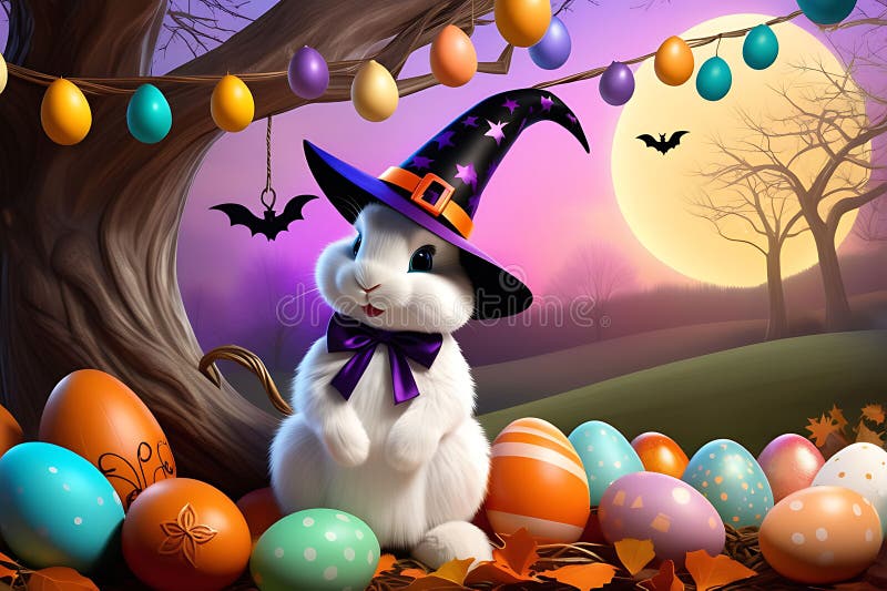 Easter Bunny Donning a Witch S Hat while Holding a Candy Cane: Backdrop ...