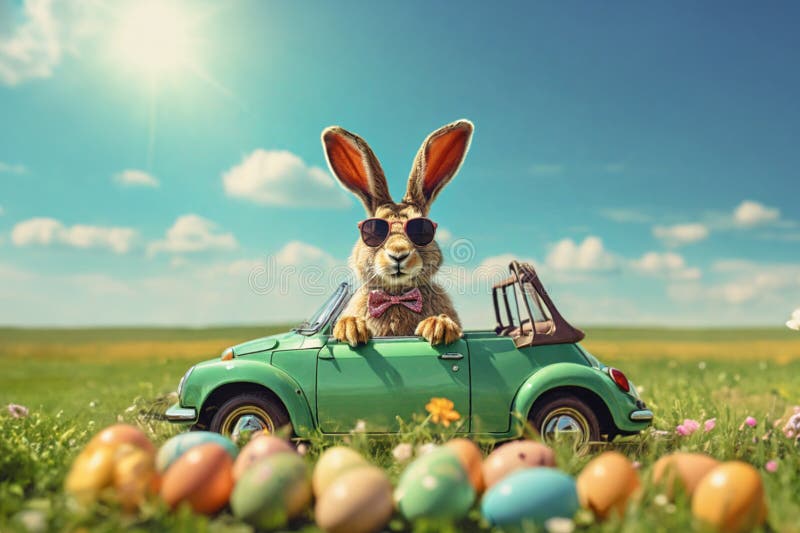 The Easter Bunny is Driving a Car Across a Green Field. Hare and Easter ...