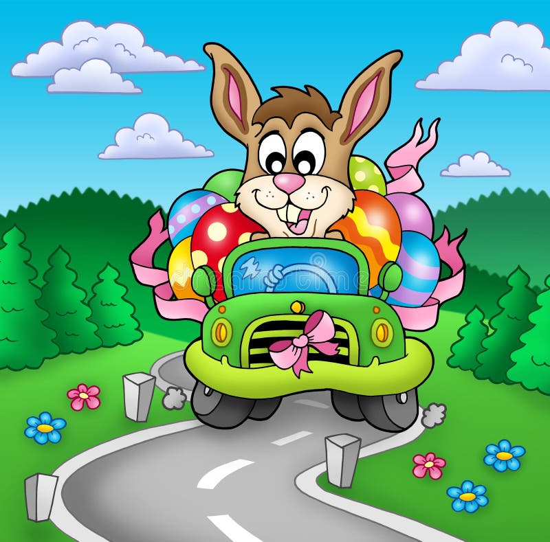 Easter Bunny Driving Car on Road Stock Illustration - Illustration of ...