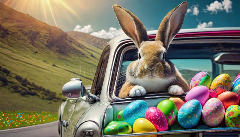 A Easter Bunny Driving a Convertible Filled with Easter Eggs on a Sun ...