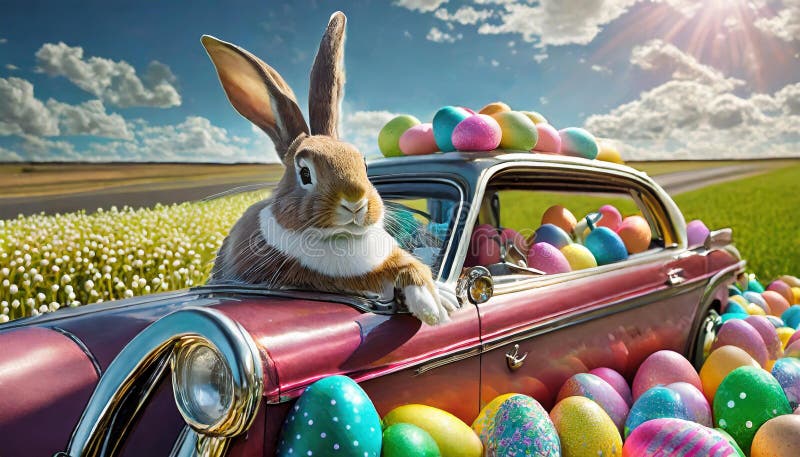 A Easter Bunny Driving a Convertible Filled with Easter Eggs on a Sun ...