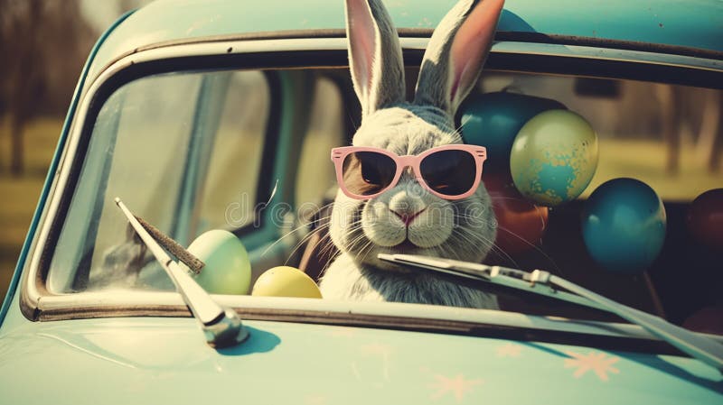 Easter Bunny Driving Vintage Car Delivering Eggs Generative AI Stock ...