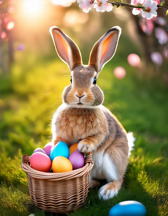 Easter Bunny with Easter Eggs in Basket in Field Stock Image - Image of ...