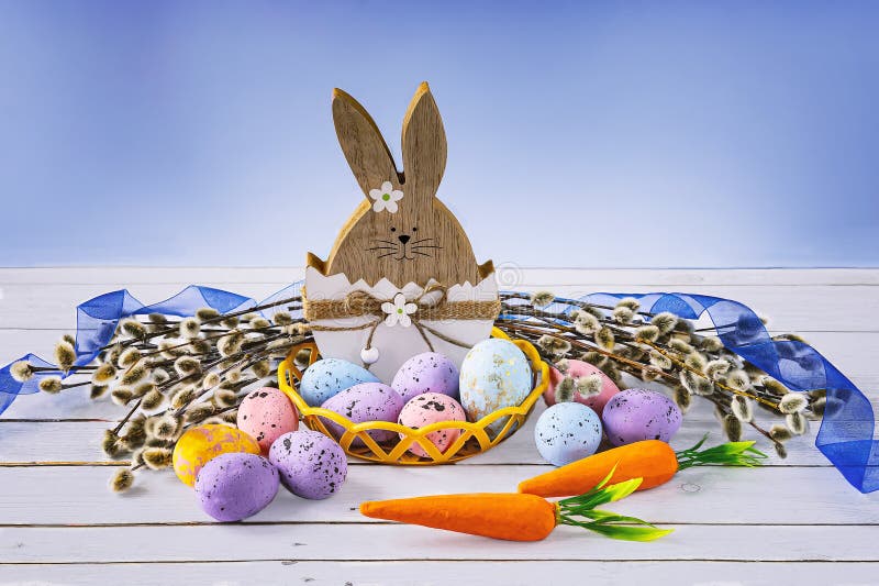 Easter Bunny with Easter Eggs, Carrot and Willow and Blue Ribbon ...