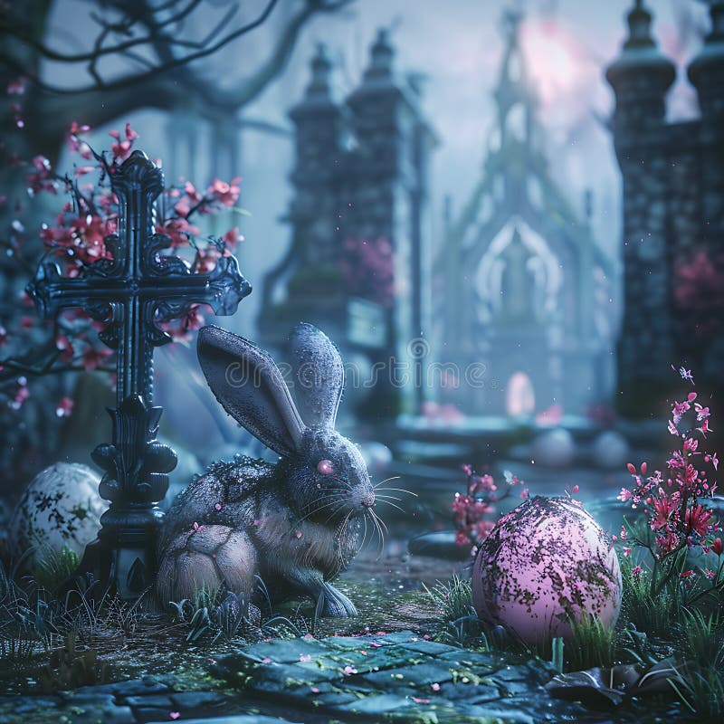 Easter Bunny and Easter Eggs in a Cemetery. 3D Rendering. Gothic Style ...
