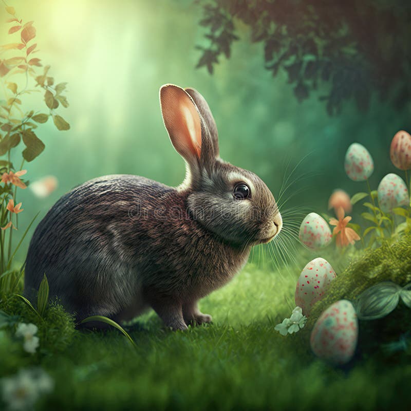 Easter Bunny and Easter Eggs in Forest, Happy Easter Greeting Card ...