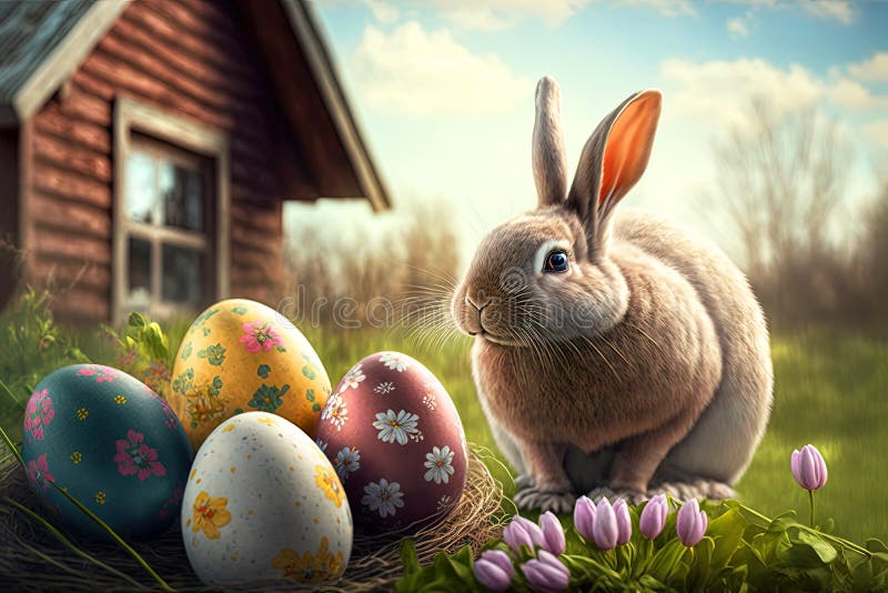 Easter Bunny with Easter Eggs in the Garden. Generative AI. Stock Image ...