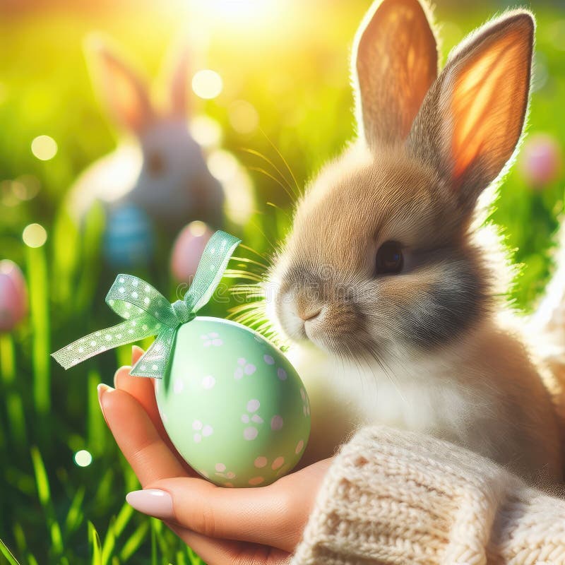 Easter Bunny and Easter Eggs on Green Grass Field Spring Meadow Stock ...