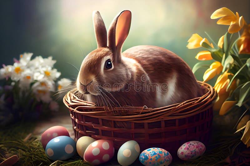 Easter Bunny with Easter Eggs in a Large Basket Stock Illustration ...