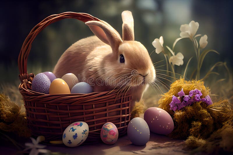 Easter Bunny with Easter Eggs in a Large Basket Stock Illustration ...