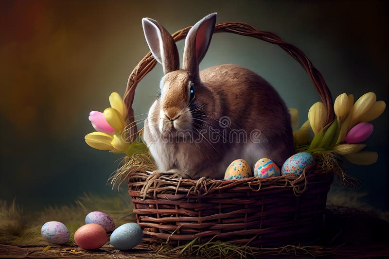 Easter Bunny with Easter Eggs in a Large Basket Stock Illustration ...