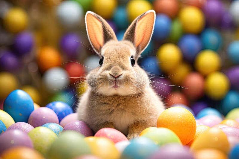 Easter Bunny with Colored Easter Eggs Looking into the Camera Stock ...