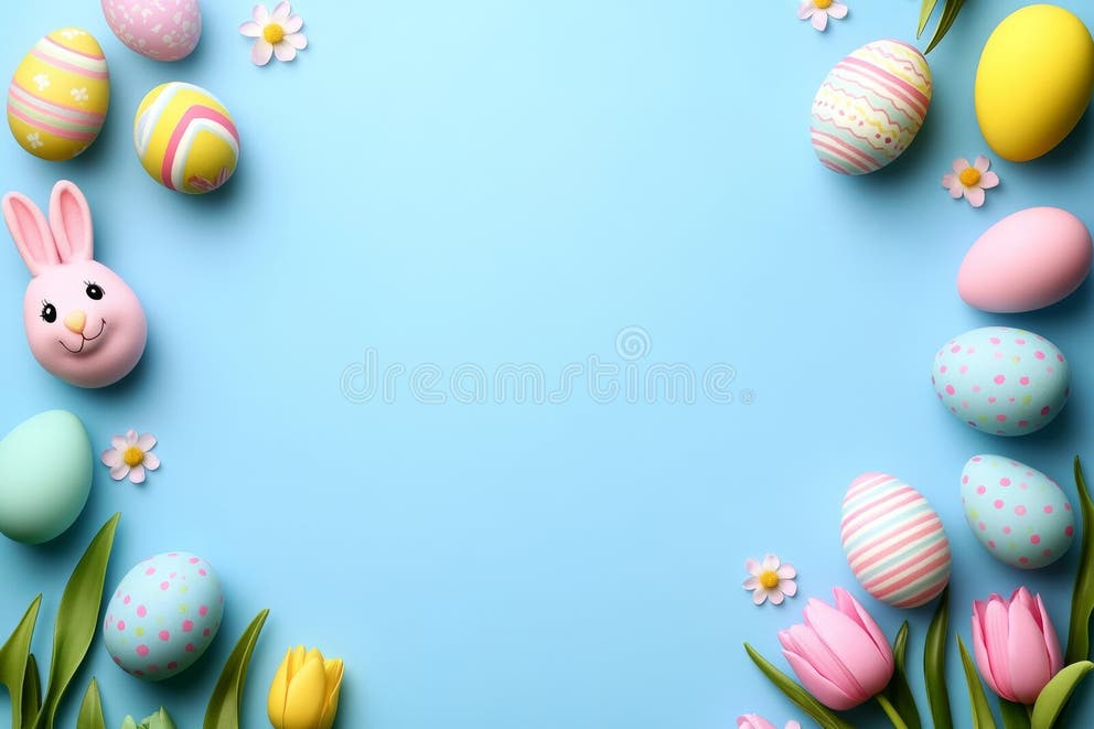 The Easter Bunny and Easter Eggs are Placed in Front of a Countryside ...