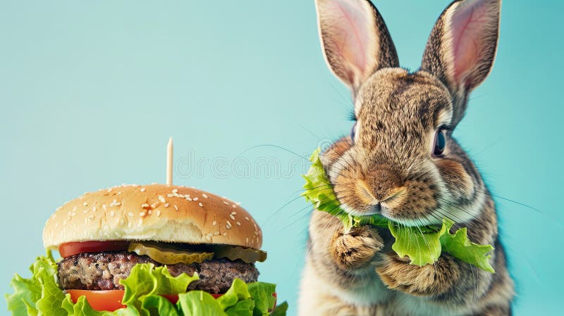 Easter Bunny Eating a Big Cheeseburger on Sunny Blue Background Stock ...