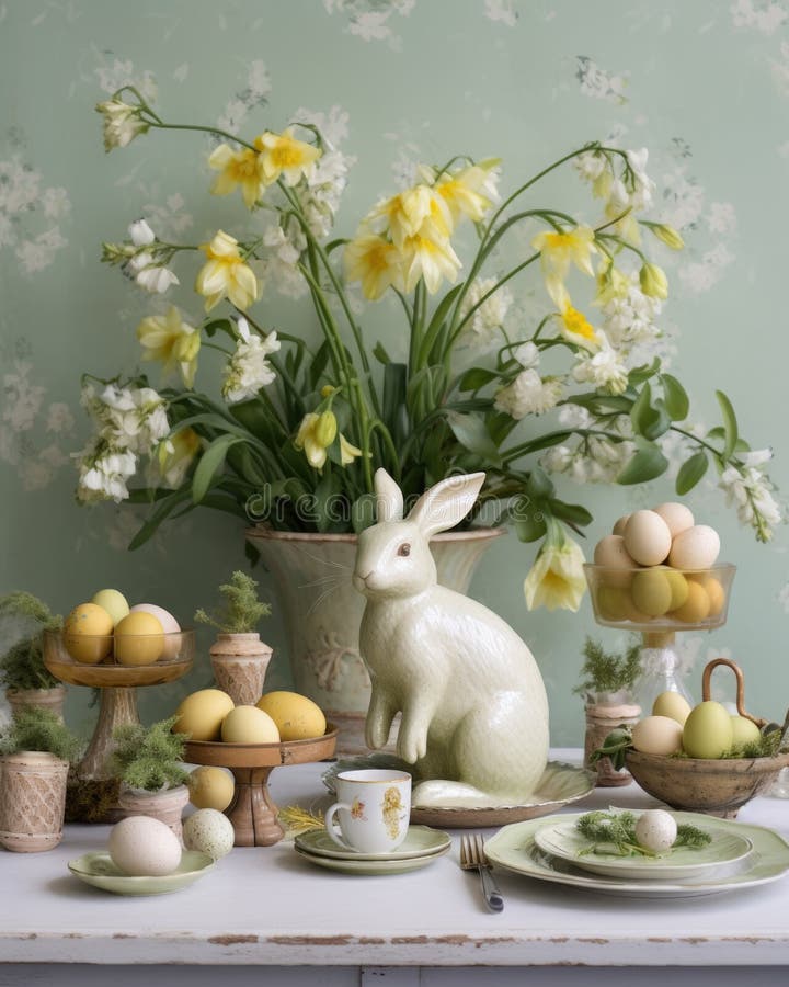 Easter Bunny and Eggs with a Backdrop of Spring Bouquet Stock Photo ...
