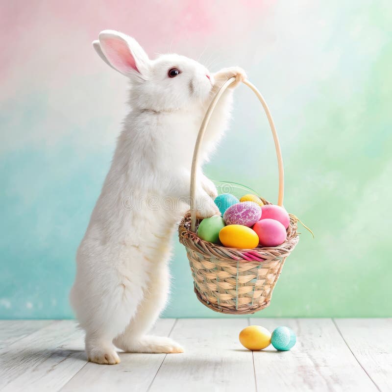 Easter Bunny and Easter Eggs in a Basket on a Light Background Stock ...