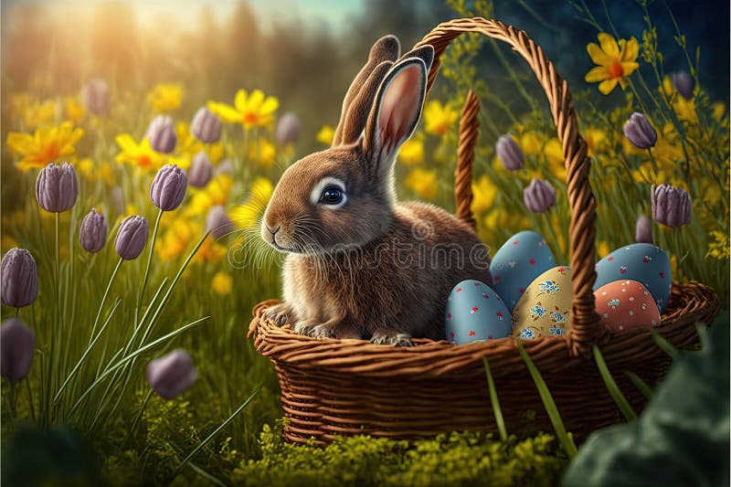 Easter Bunny and Eggs in Basket on Spring Green Grass Field Spring ...