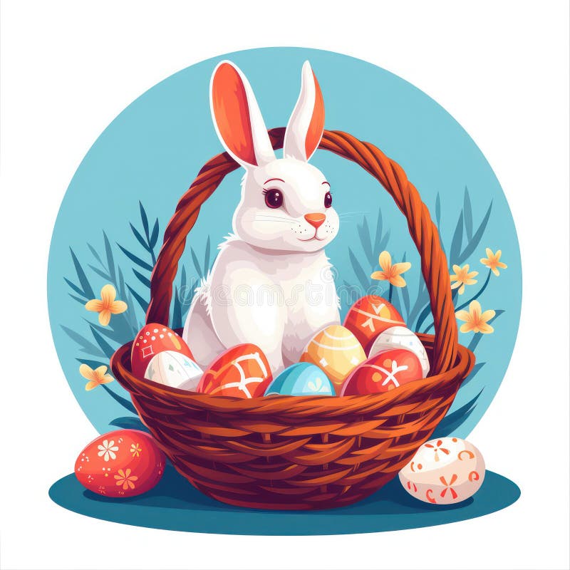 Easter Bunny and Eggs in a Basket Vector Art Stock Illustration ...