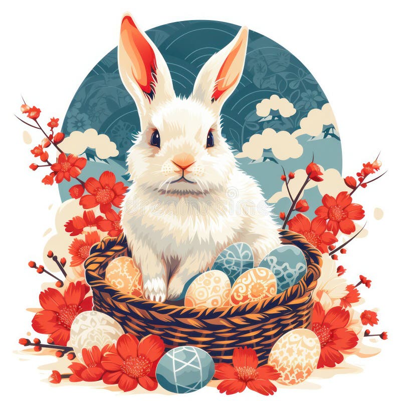 Easter Bunny and Eggs in a Basket Vector Art Stock Illustration ...