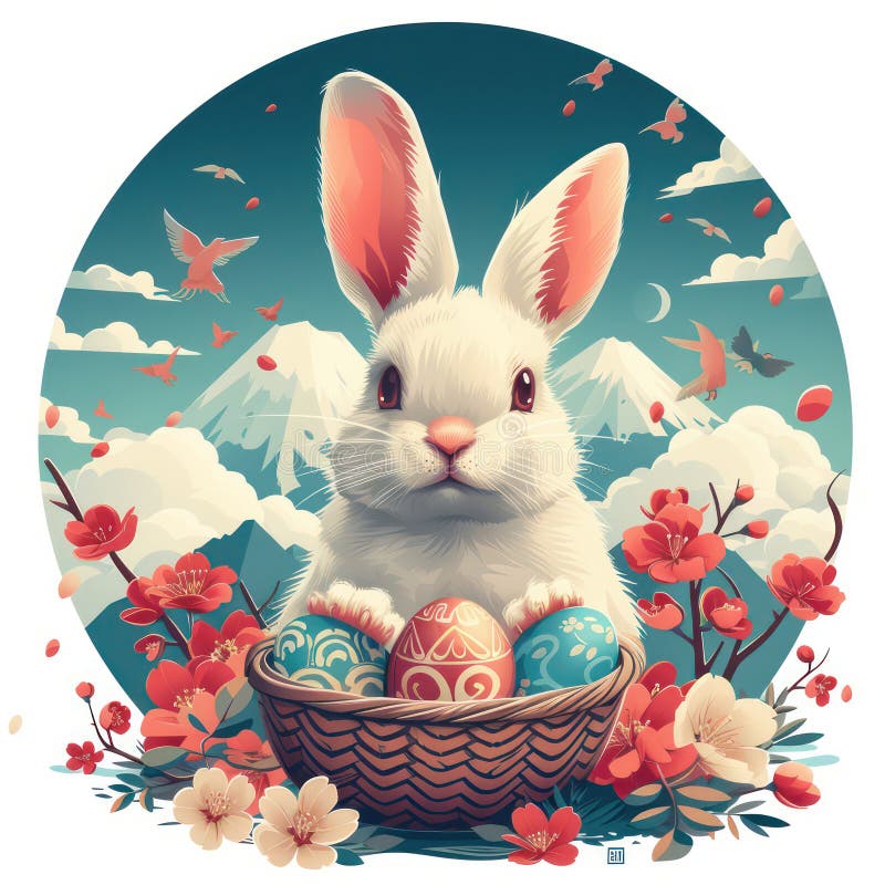 Easter Bunny and Eggs in a Basket Vector Art Stock Illustration ...