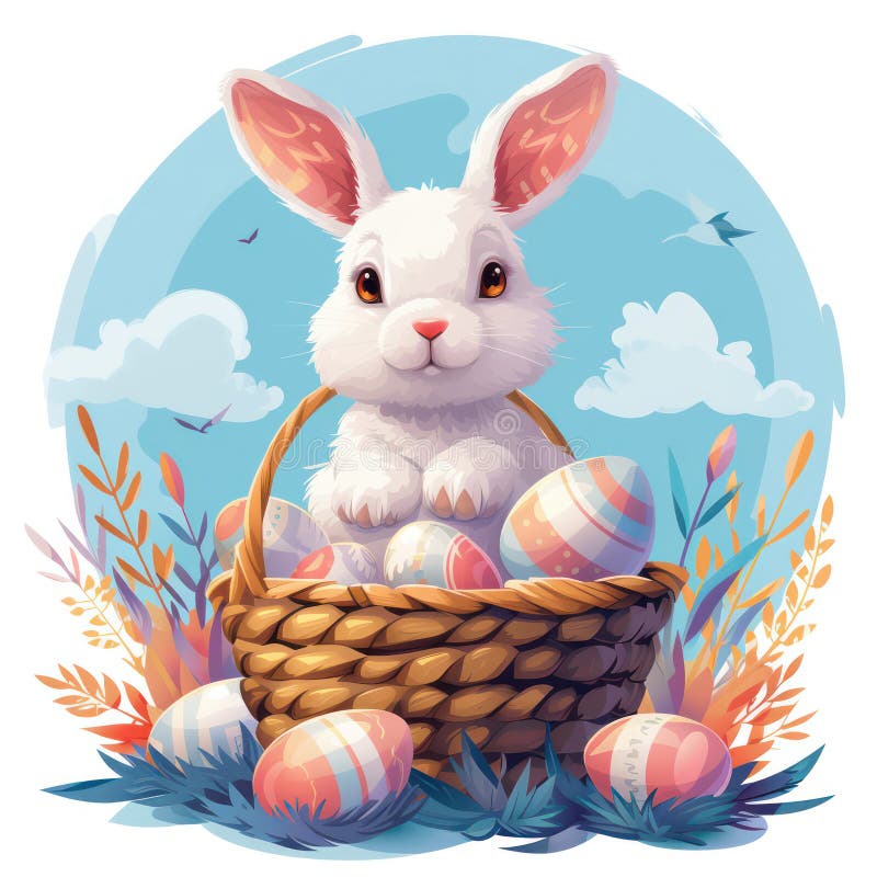 Easter Bunny and Eggs in a Basket Vector Art Stock Illustration ...