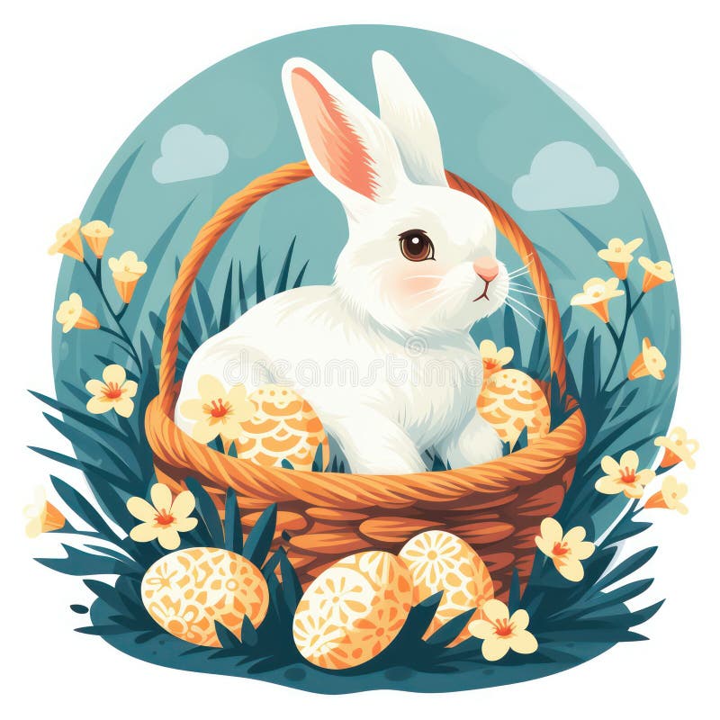 Easter Bunny and Eggs in a Basket Vector Art Stock Illustration ...