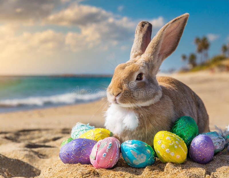 Easter Bunny with Easter Eggs on the Beach Stock Illustration ...