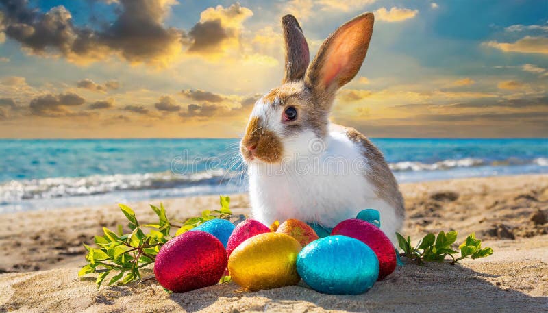 Easter Bunny with Easter Eggs on the Beach Stock Illustration ...