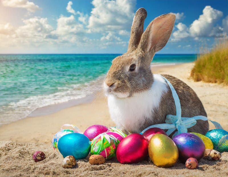 Easter Bunny with Easter Eggs on the Beach Stock Illustration ...