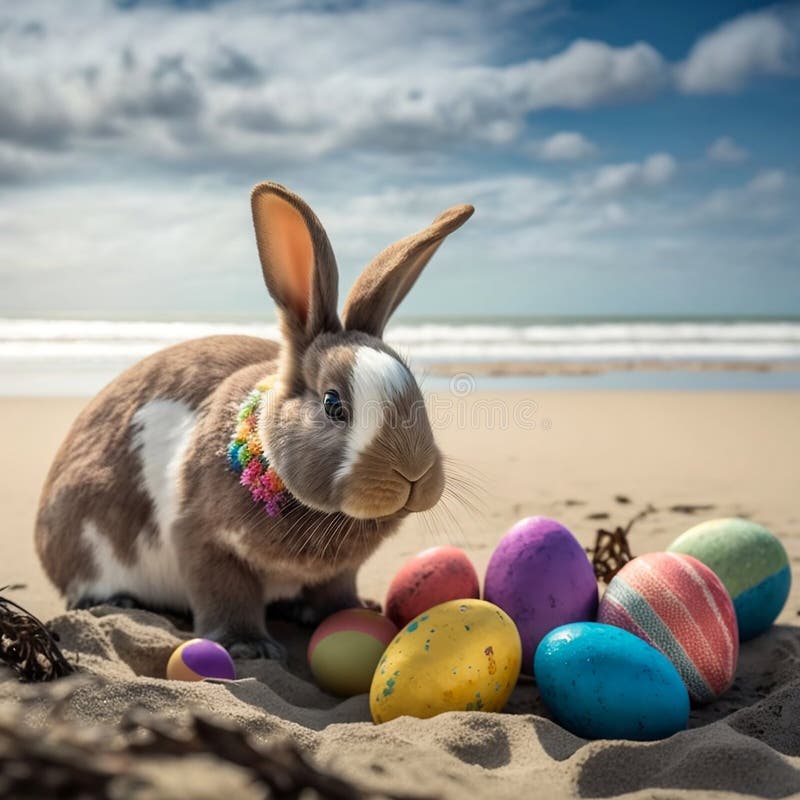 Easter Bunny with Eggs in Beach. AI Stock Illustration - Illustration ...
