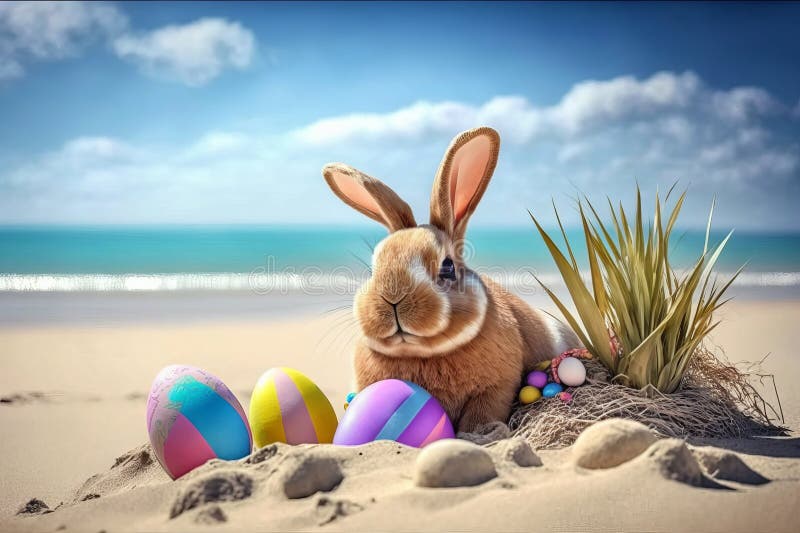Easter Bunny with Easter Eggs on the Beach,Generative AI Stock ...