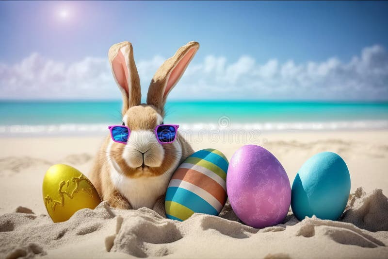 Easter Bunny with Easter Eggs on the Beach,Generative AI Stock ...