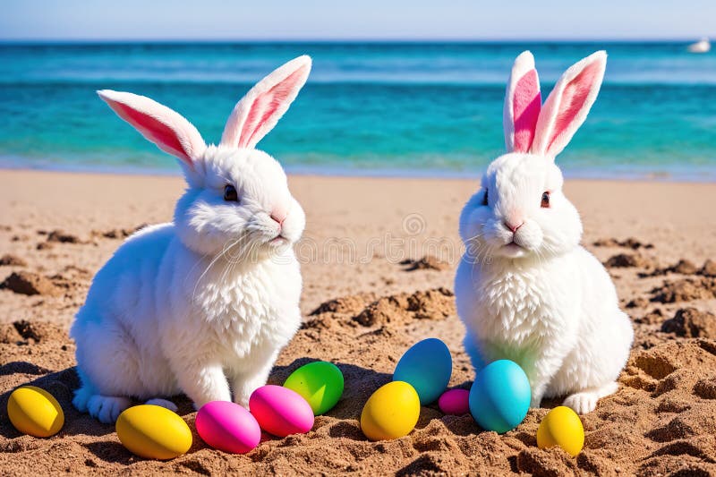 Easter Bunny and Eggs on the Beach Stock Photo - Image of oceanfront ...
