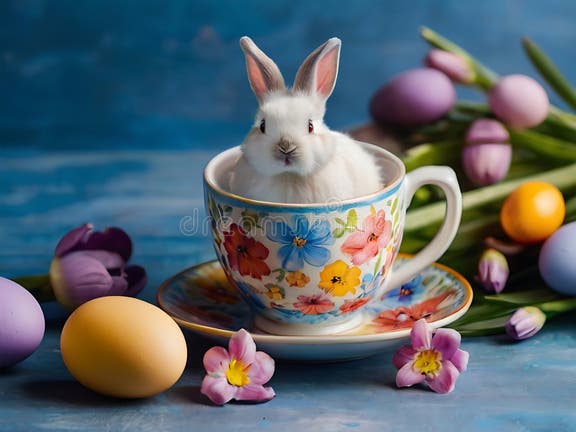 Easter Bunny and Easter Eggs on Blue Background. Brown Rabbit in Tea ...
