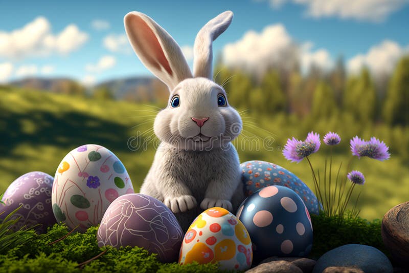 The Easter Bunny with Eggs Cartoon Happy Easter Greeting Card ...