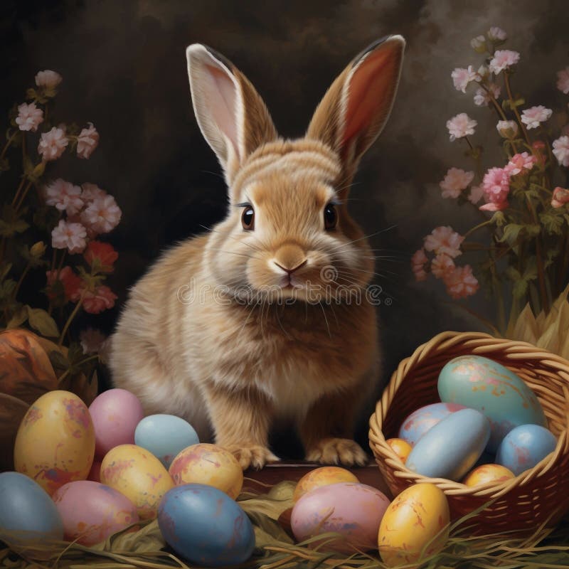 Easter Bunny with Easter Eggs on Dark Background. Stock Illustration ...