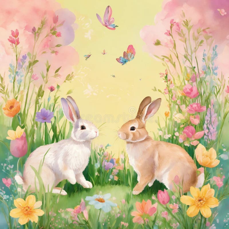 Easter Bunny with Easter Eggs in a Field of Flowers in the Garden ...