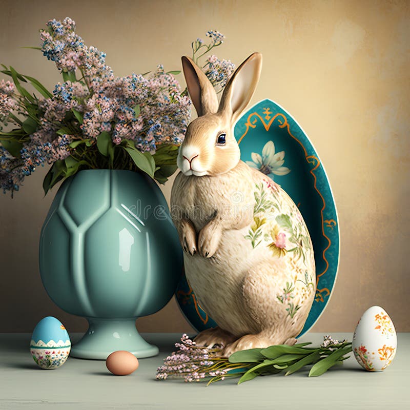 Easter Bunny with Easter Eggs and Flowers on Rustic Background Stock ...