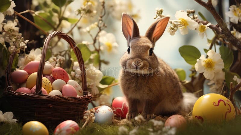 Easter Bunny with Easter Eggs in the Garden Stock Image - Image of ...