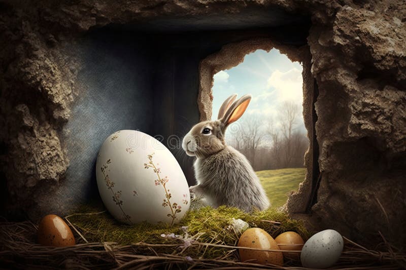 Easter Bunny with Easter Eggs in the Garden. Celebration Concept Happy ...