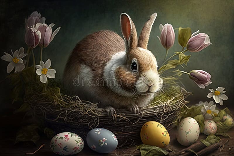 Easter Bunny with Easter Eggs in the Garden. Celebration Concept Happy ...