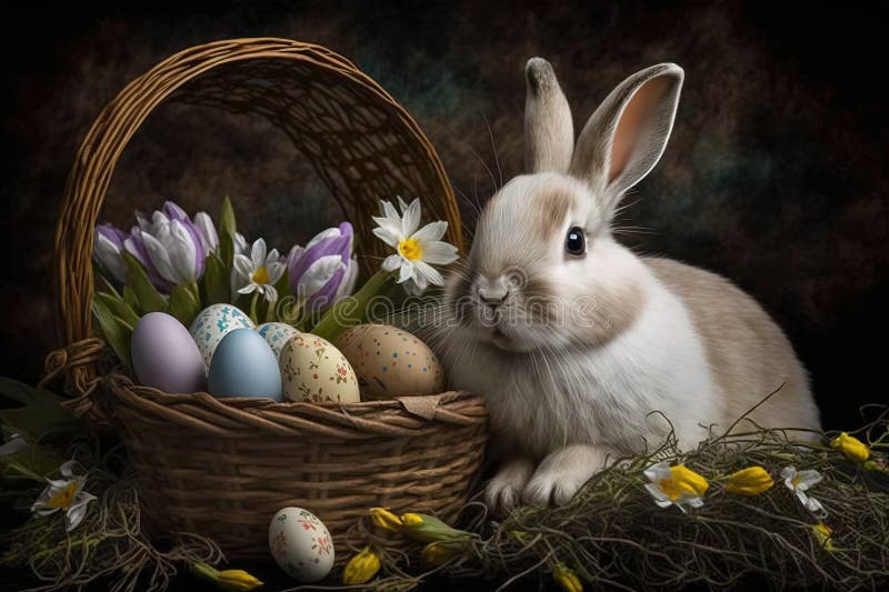 Easter Bunny with Easter Eggs in the Garden. Celebration Concept Happy ...