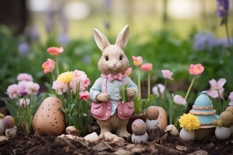 Easter Bunny and Easter Eggs in Garden. Easter Decoration Stock ...