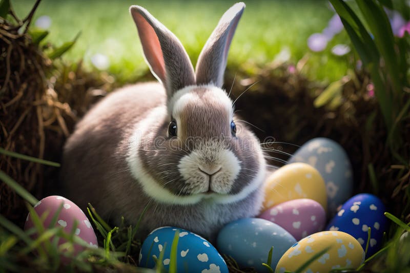 Easter Bunny with Easter Eggs Stock Photo - Image of easter, nature ...