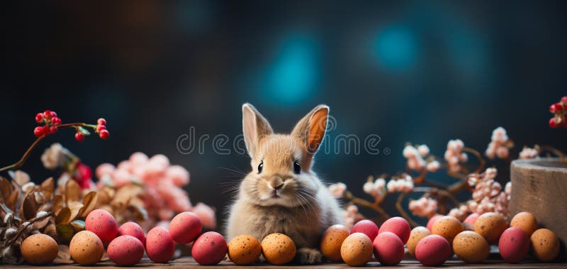 Easter Bunny with Eggs. Good Friday Cute Little Rabbit Sitting on the ...
